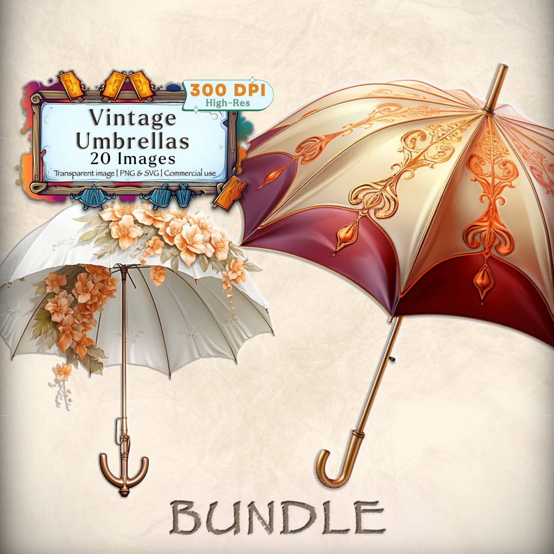 Vintage Umbrellas Clipart Bundle: PNG & SVG Vintage Clipart Embroidered ...