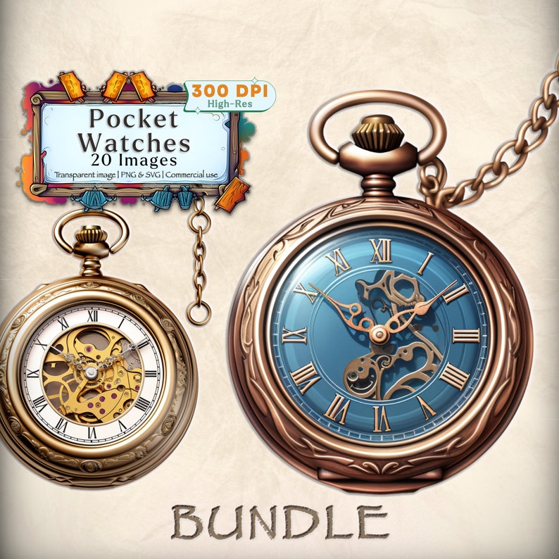 Pocket Watch Clipart Bundle: PNG & SVG Vintage Watch Clipart Timer Clipart Clock Clipart High ...