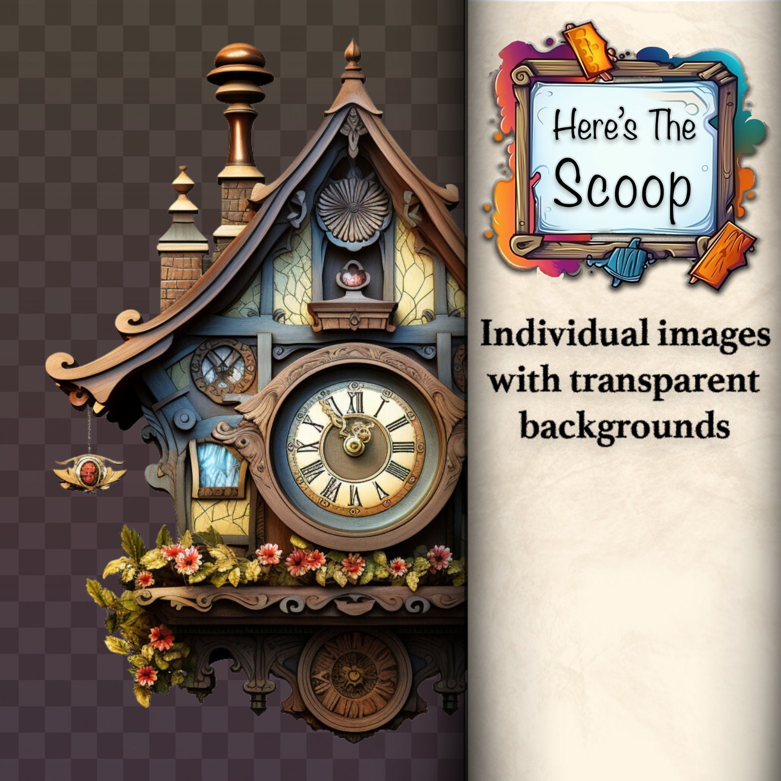 Cuckoo Clock Clipart Bundle: PNG and SVG Floral Vintage Clock Clipart ...