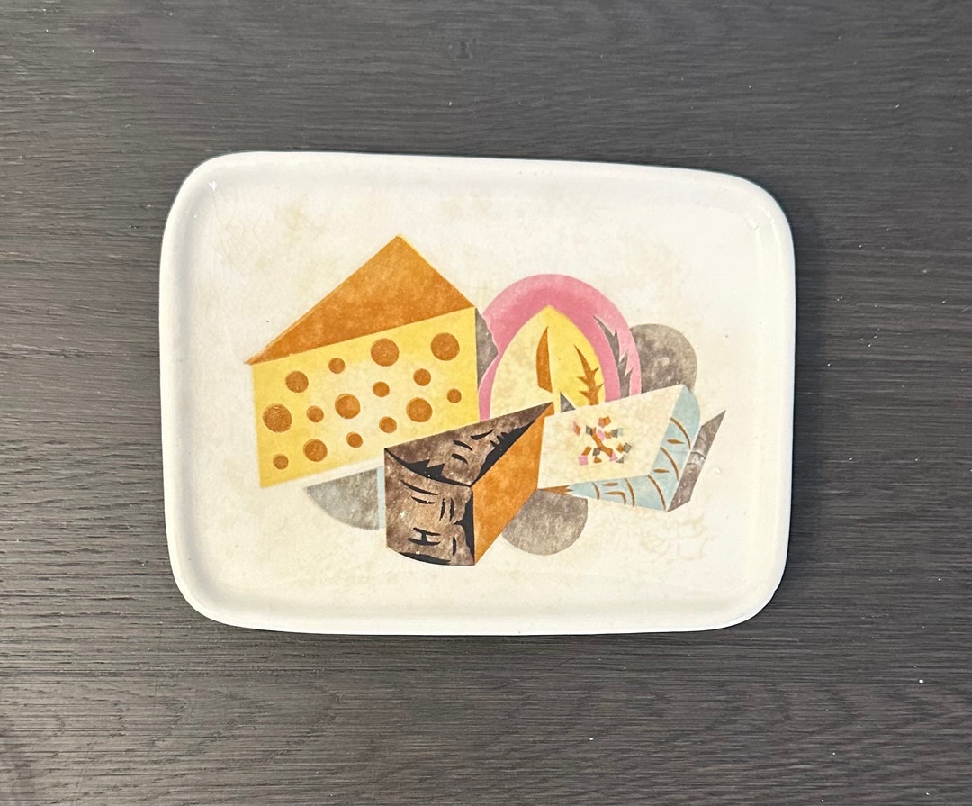 Vintage Cheese Themed Ceramic Dish Small Trinket White Orange Yellow ...