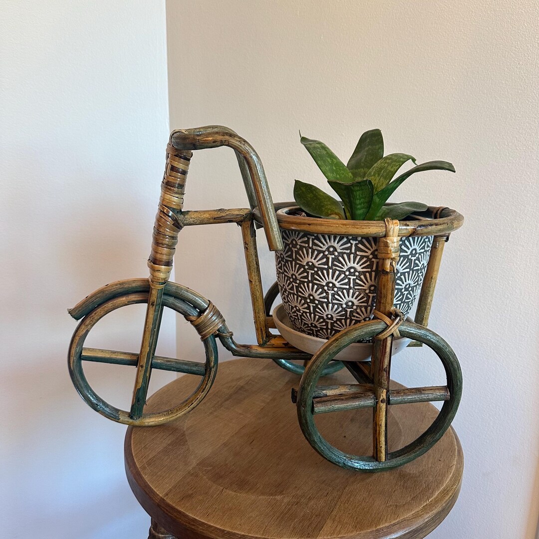 Vintage Bamboo Tricycle Bike Plant Stand Holder Wicker Rattan Boho Chic ...