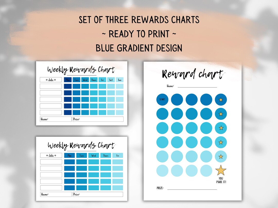 Set of 3 Rewards Chart | Educational Wall Art - Kids | Blue Gradient ...