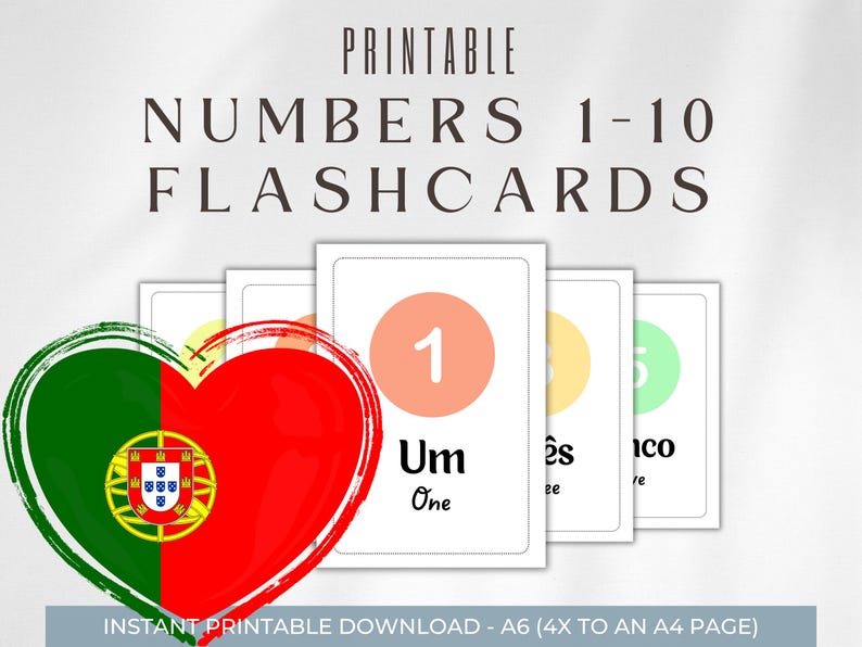 Portuguese Language Printable Counting Flashcards for Kids | Numbers 1 ...