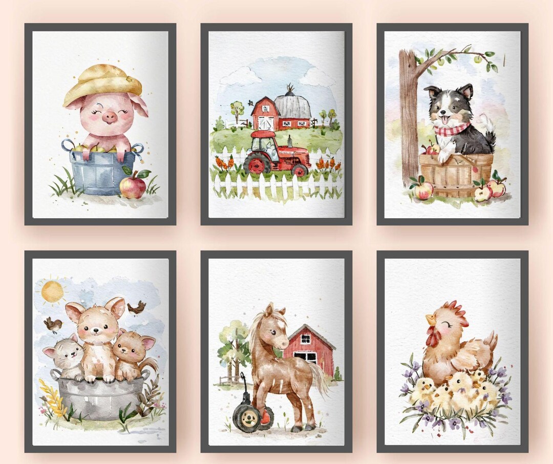 Farm Animal Prints, Set of 6, Boy Nursery Playroom Printable Wall Art ...