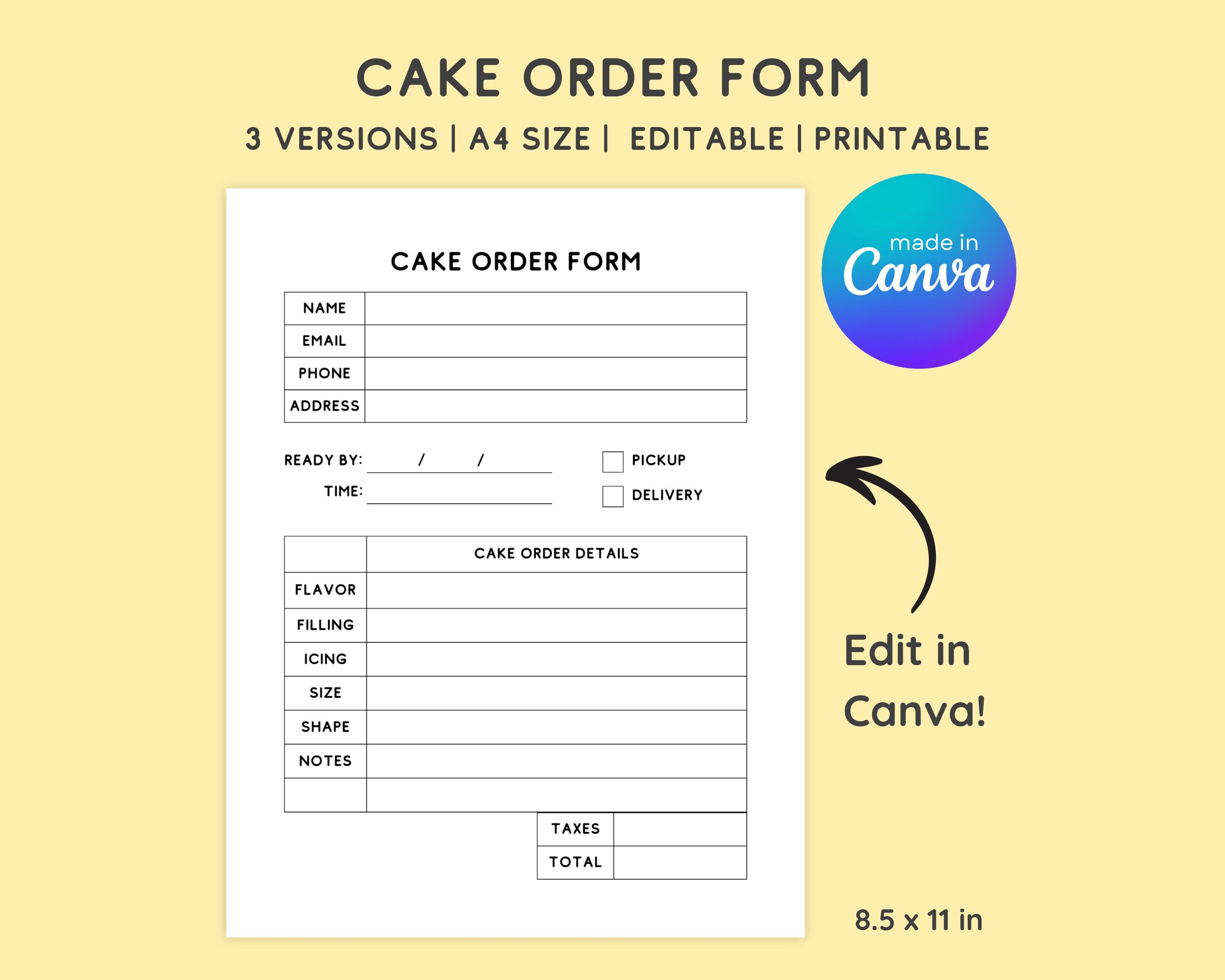 Cake Order Form Template Editable, Bakery Order Form Printable, Order ...