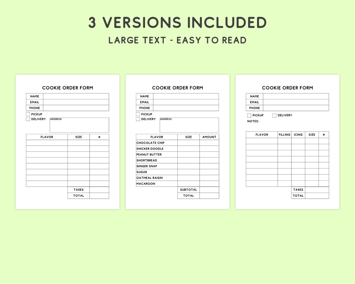 Cookie Order Form Template Editable, Custom Bakery Order Form Printable ...