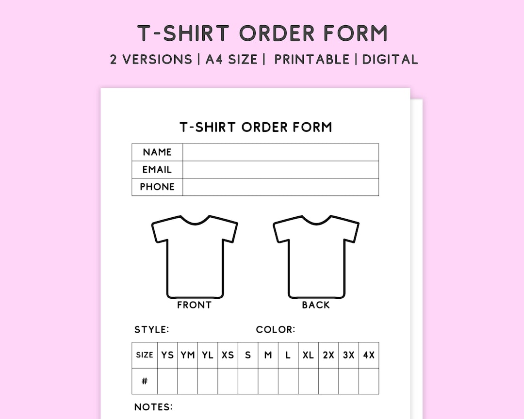 Custom Tshirt Order Form Printable, Purchase T Shirt Order Form Digital ...