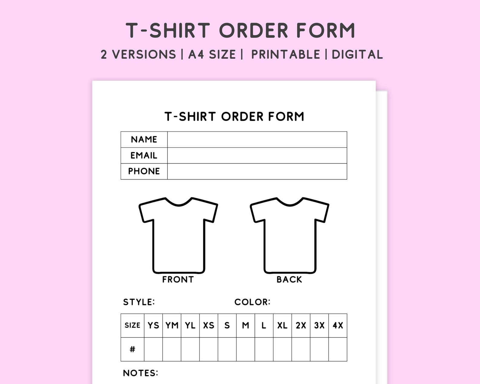 Custom Tshirt Order Form Printable, Purchase T Shirt Order Form Digital, Fillable Apparel T ...