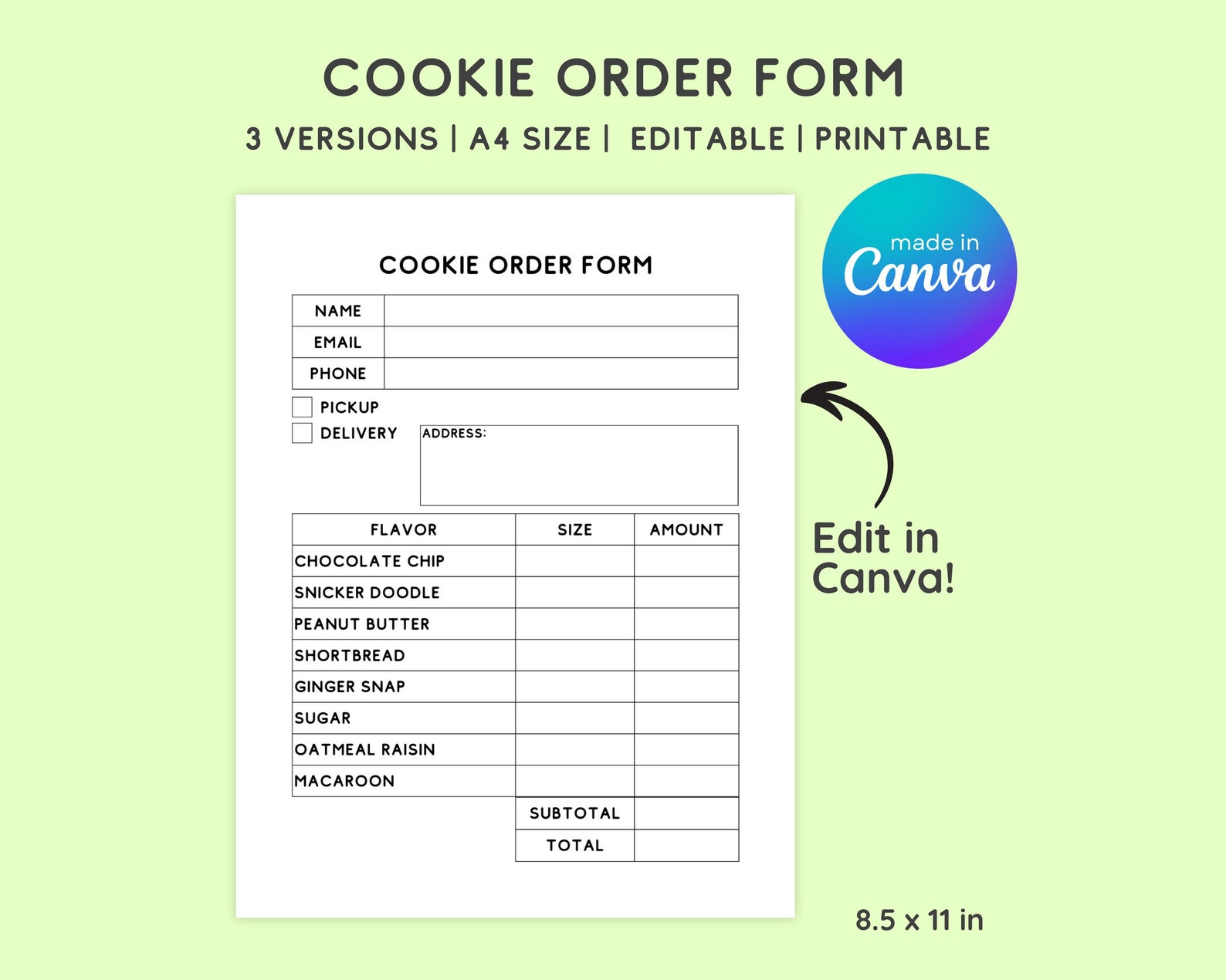 Cookie Order Form Template Editable, Custom Bakery Order Form Printable ...