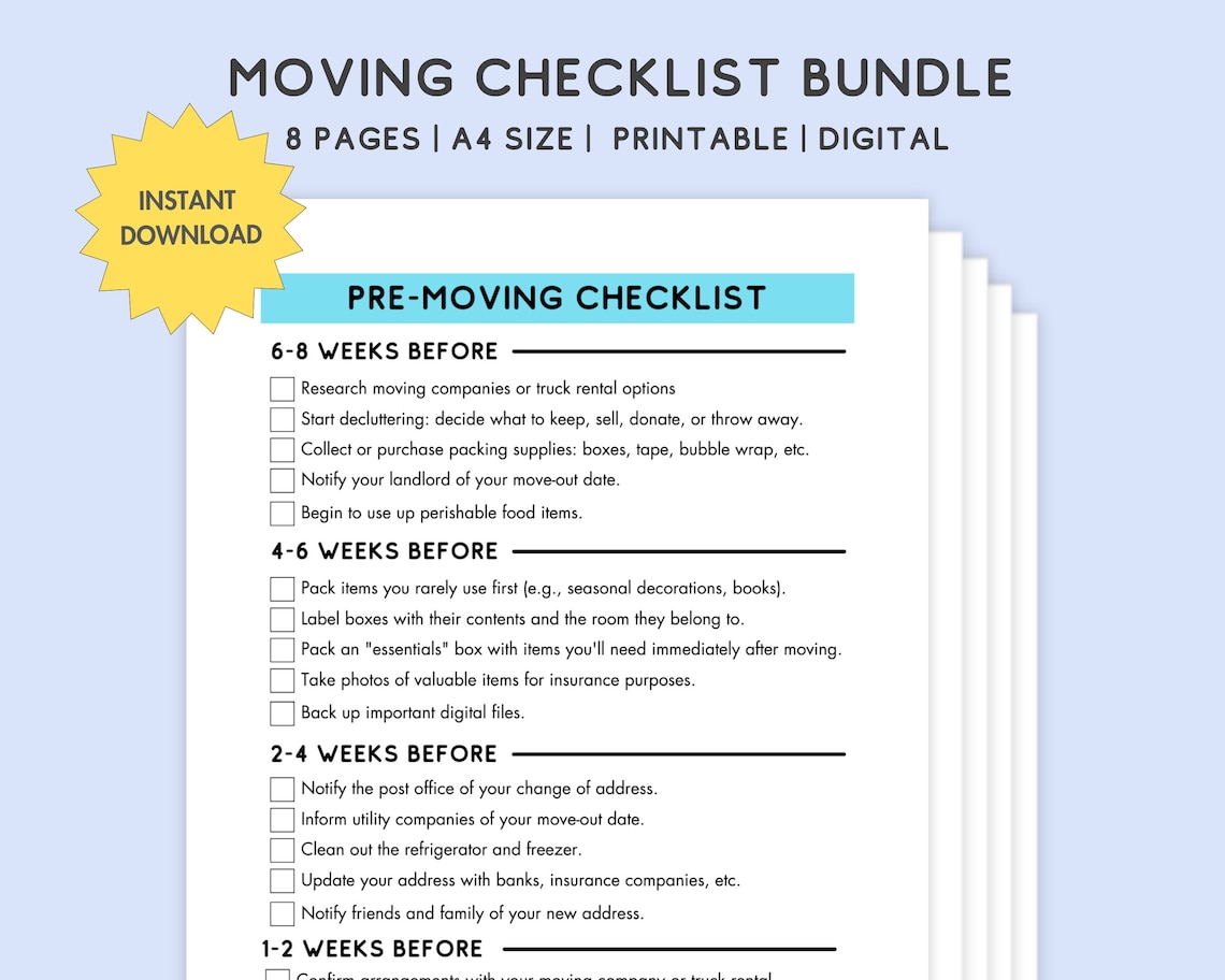 Moving Checklist Planner Printable, New Home Moving Essentials List ...