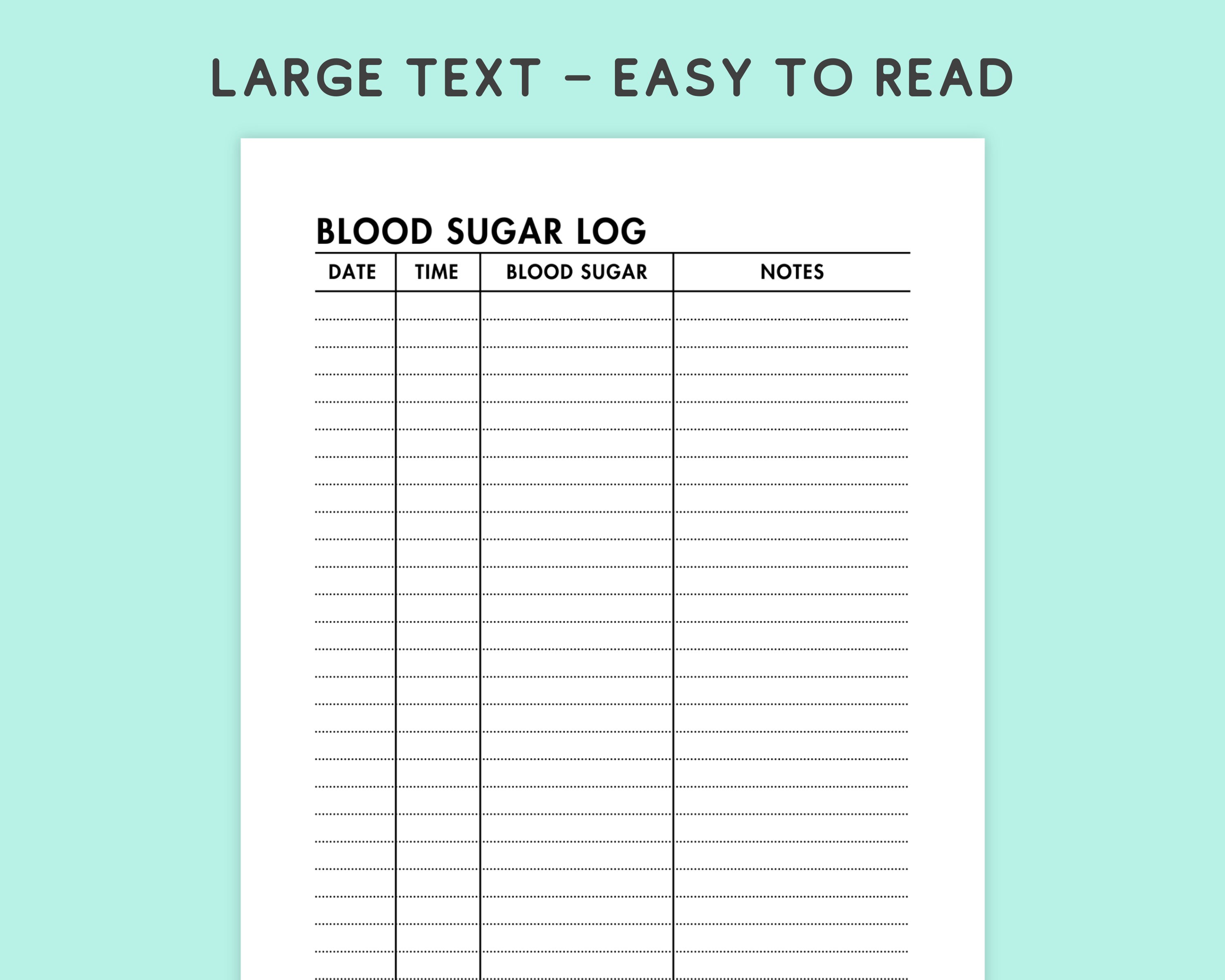 Blood Sugar Log Template, Diabetes Blood Sugar Chart, Blood Glucose ...