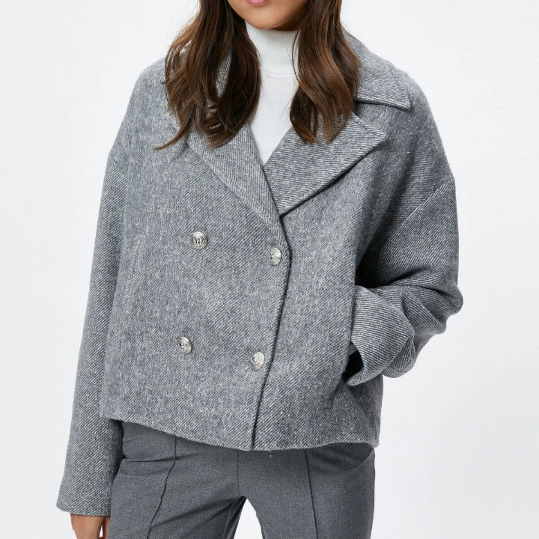 Buttoned Crop Jacket Women Crop Coats Grey Cachet Jacket - Etsy
