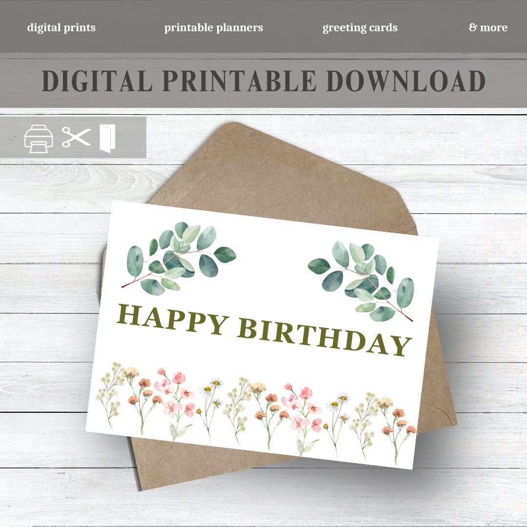 Printable Birthday Card With Flowers, Cute Floral Card, Print From Home ...