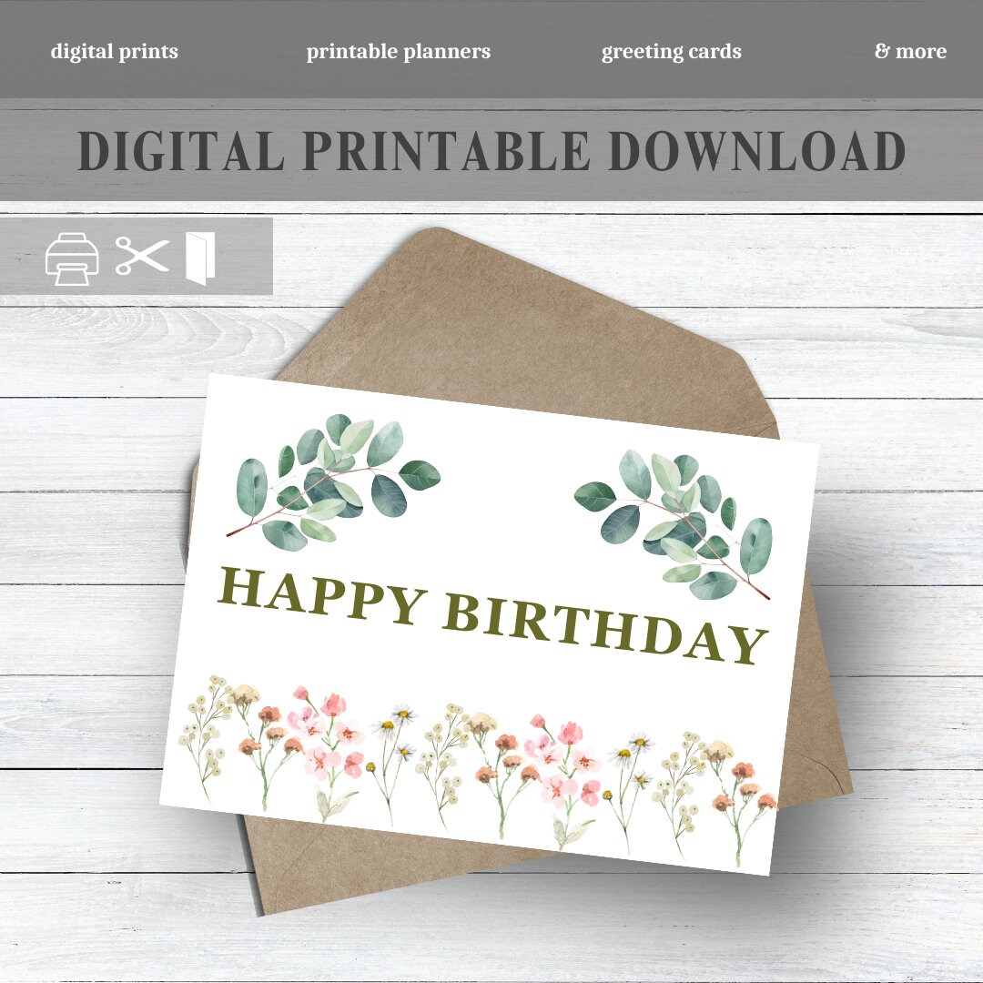 Printable Birthday Card With Flowers, Cute Floral Card, Print From Home ...