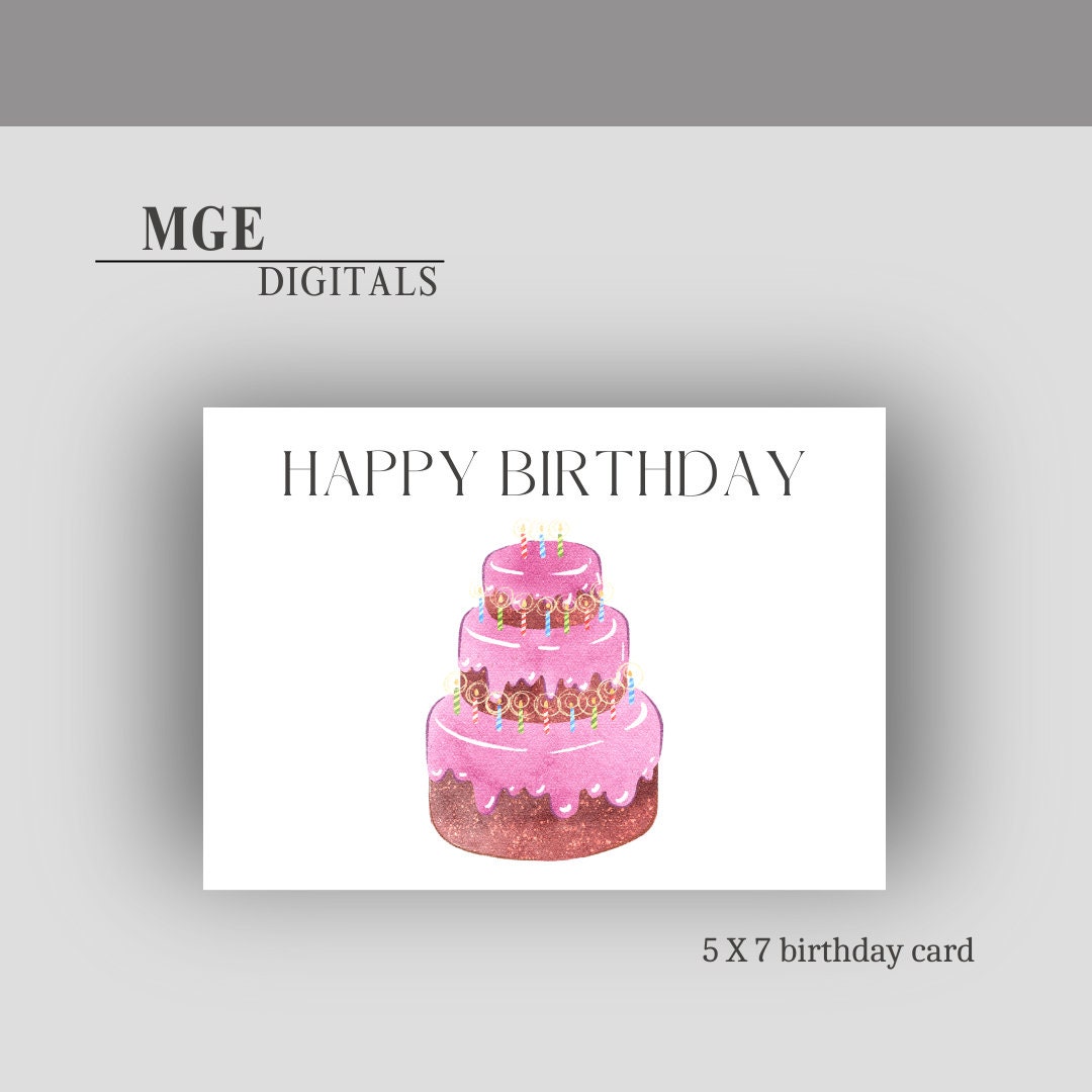 Printable Birthday Card With Pink Cake, Cute Birthday Cake Card, Print ...
