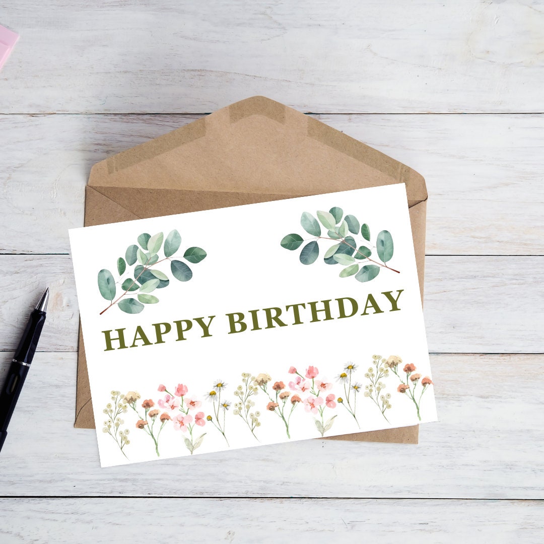 Printable Birthday Card With Flowers, Cute Floral Card, Print From Home ...