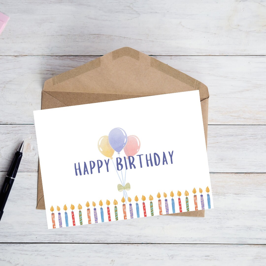 Printable Birthday Card With Balloons and Candles, Cute Balloon Card ...