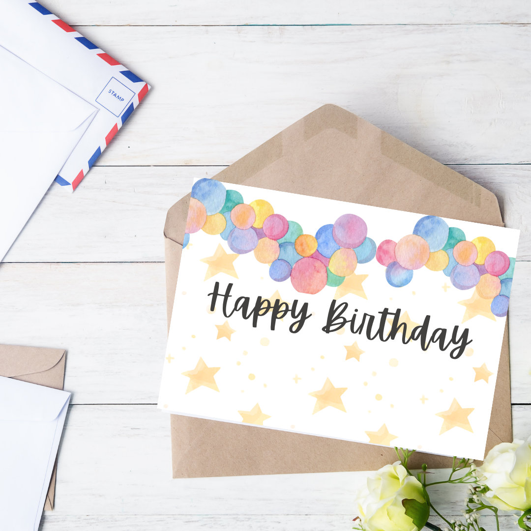 Printable Birthday Card With Balloons and Stars, Cute Balloon Card ...