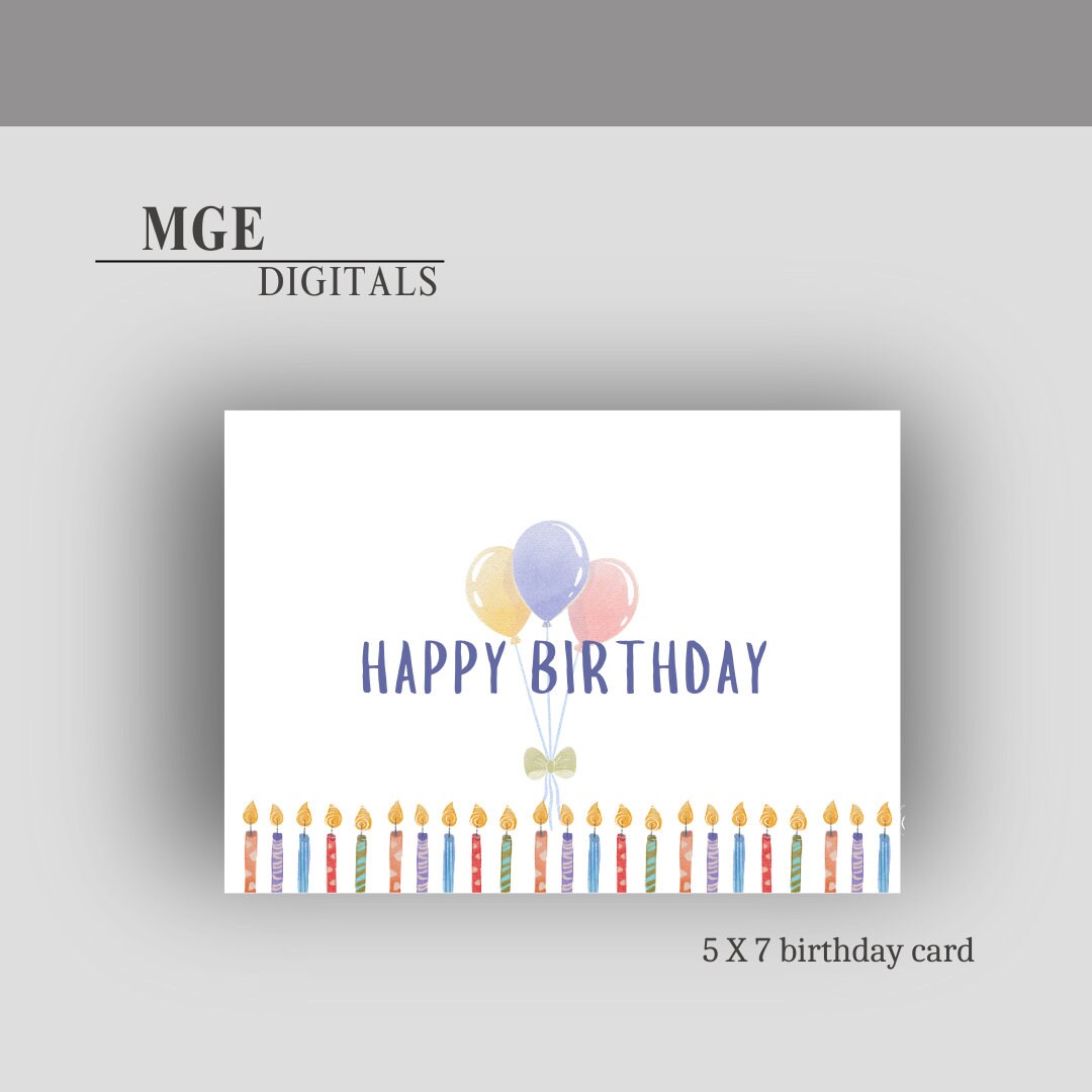 Printable Birthday Card With Balloons and Candles, Cute Balloon Card ...