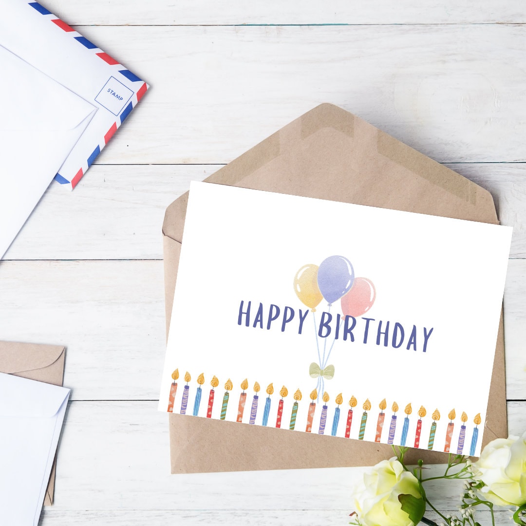 Printable Birthday Card With Balloons and Candles, Cute Balloon Card ...