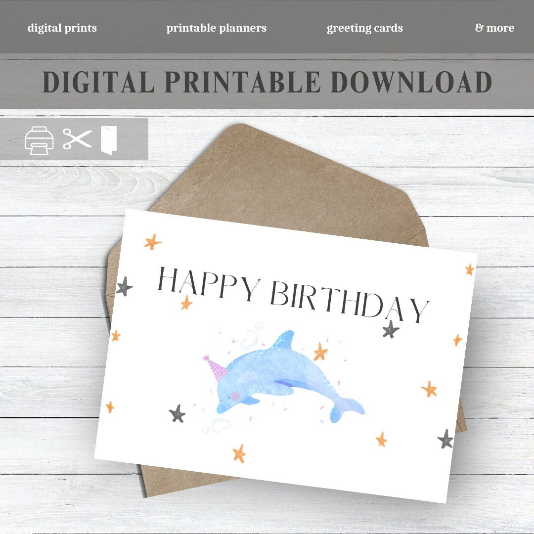 Printable Birthday Card With Dolphin, Cute Dolphin Birthday Card, Print ...