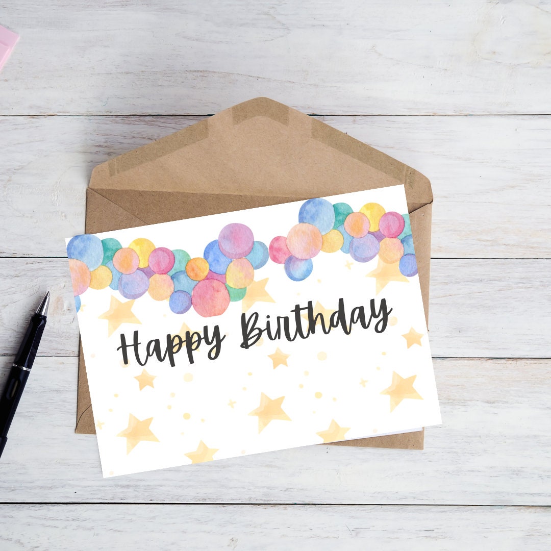 Printable Birthday Card With Balloons and Stars, Cute Balloon Card ...