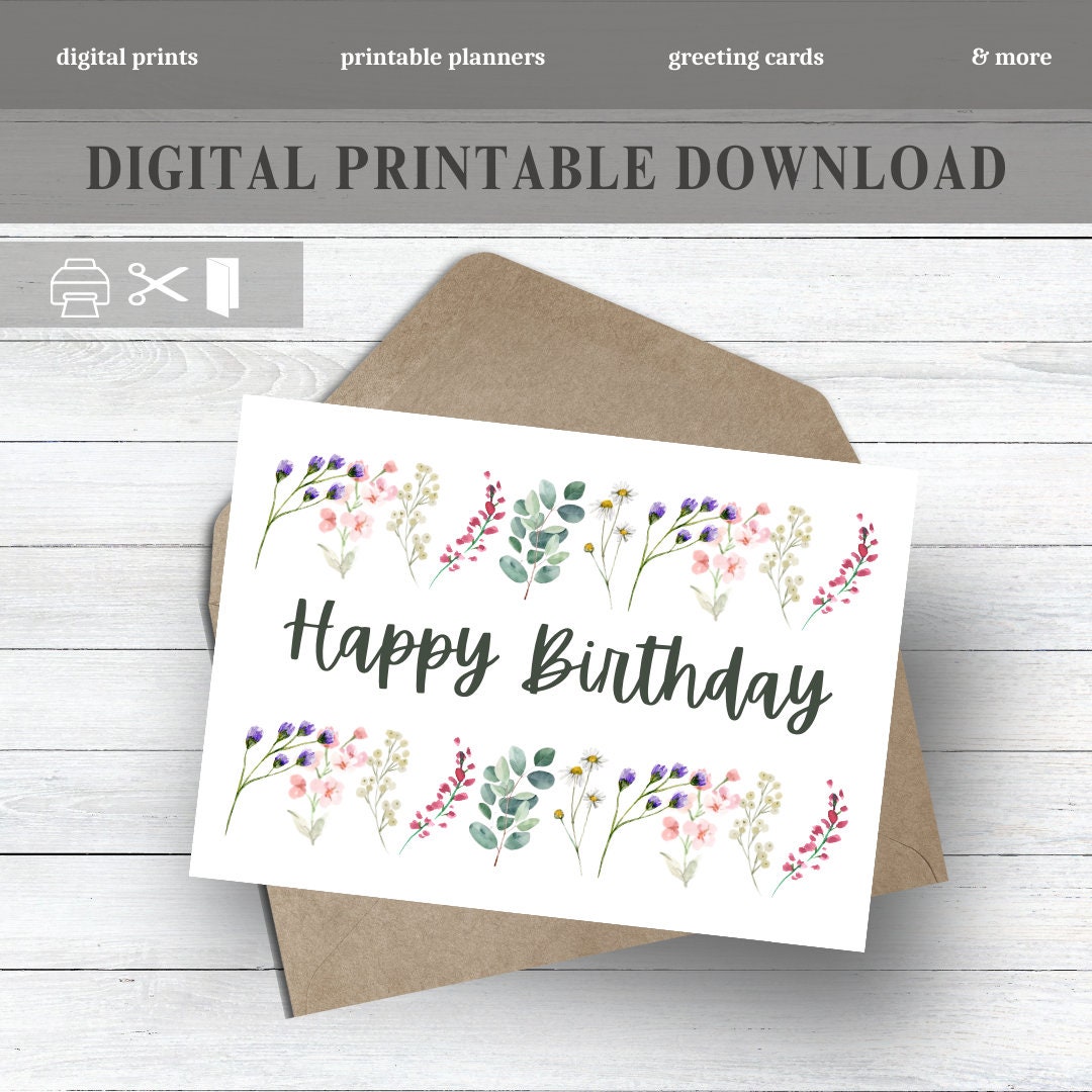Printable Birthday Card With Flowers, Cute Floral Card, Print From Home ...