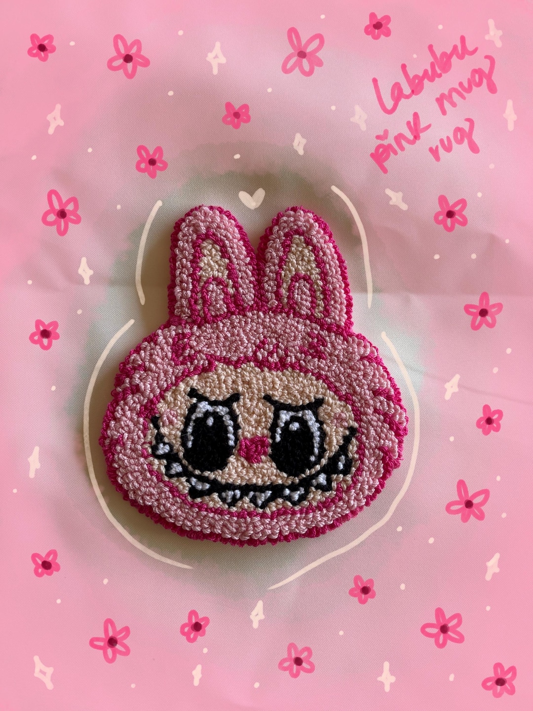 Pink Labubu Mug Rug Punch Needle Coaster | Handmade Gifts | Labubu ...