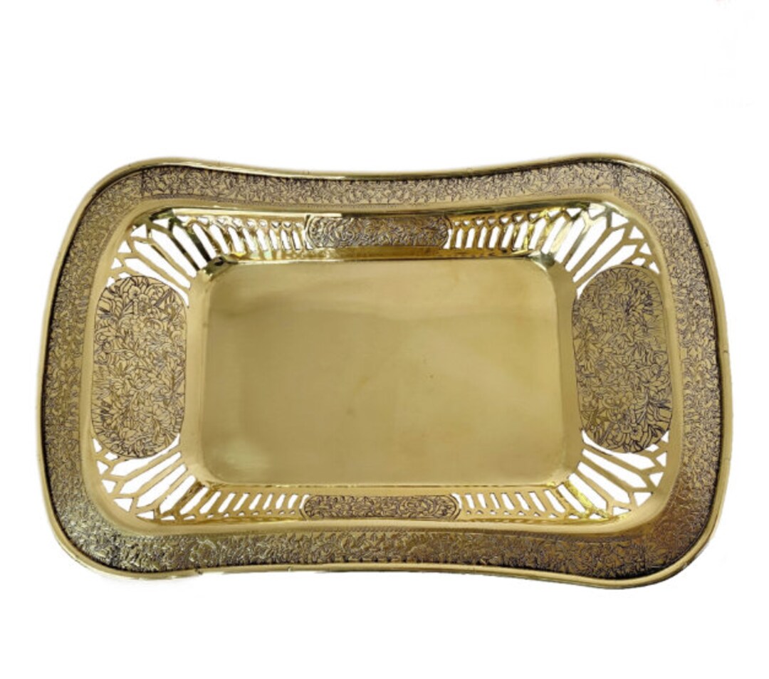Golden Brass Rectangular Floral-patterned Tray for Offering - Etsy