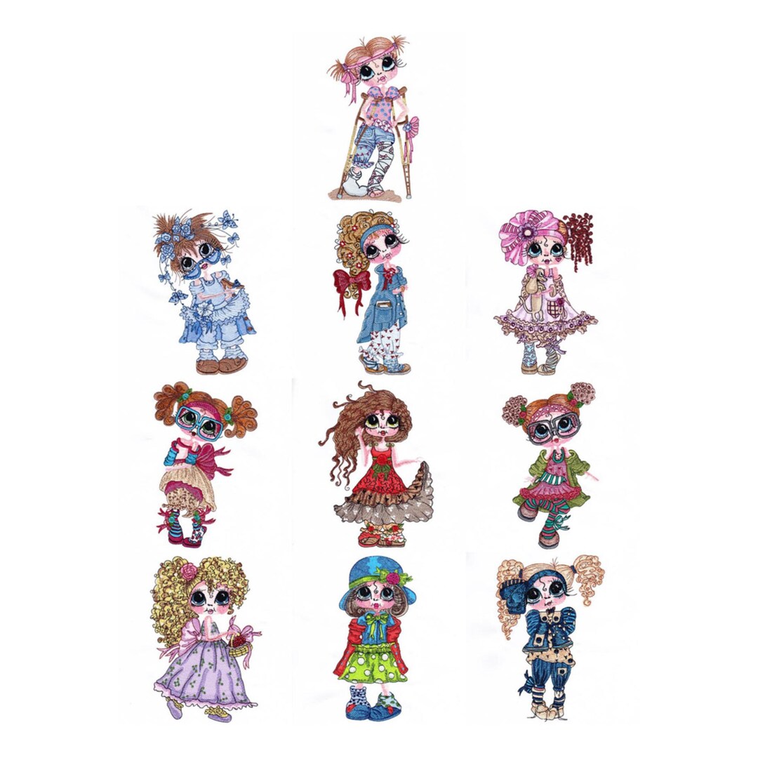Cute Sherri Doll Embroidery Design, Stylish Girl Dolls With Big Eyes ...