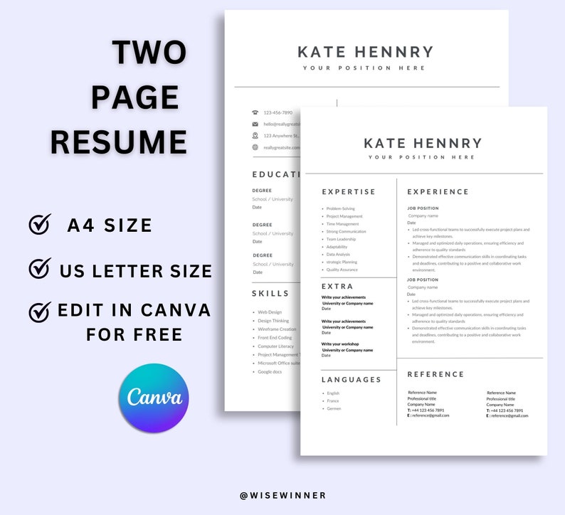 Editable Modern CV TEMPLATE for Canva, Professional Resume Download ...