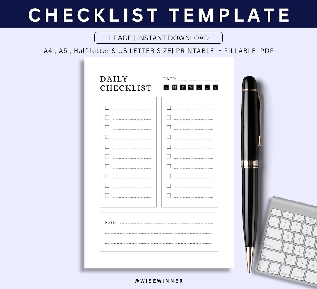 Daily Checklist Printable &amp; Fillable, Daily to Do List Template, Task ...