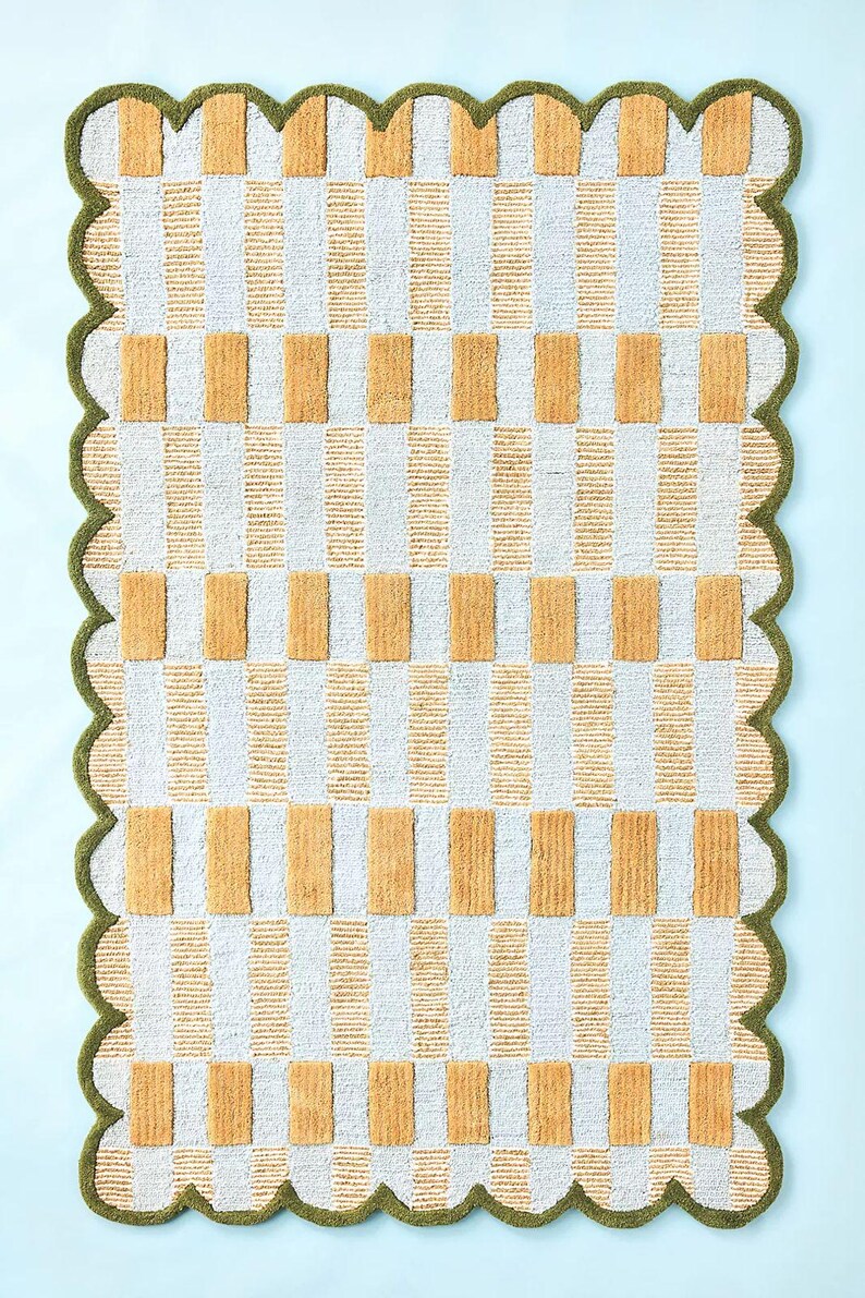 Scallop Hand Tufted Rug Yellow Grey and Green Border Area Wool Rugs for ...