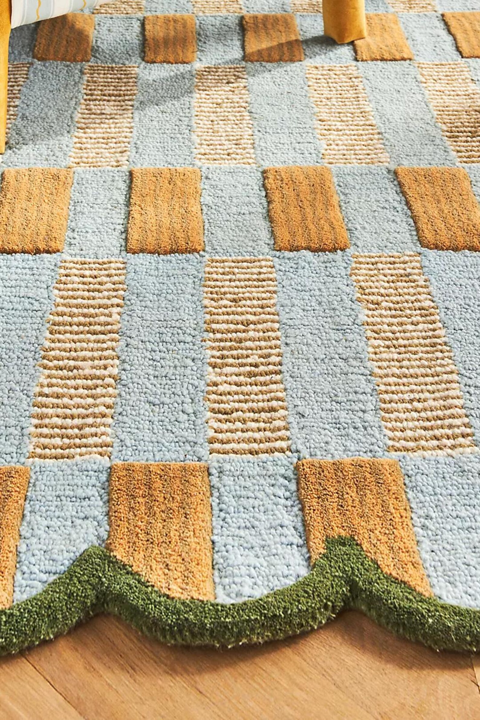 Scallop Hand Tufted Rug Yellow Grey and Green Border Area Wool Rugs for ...