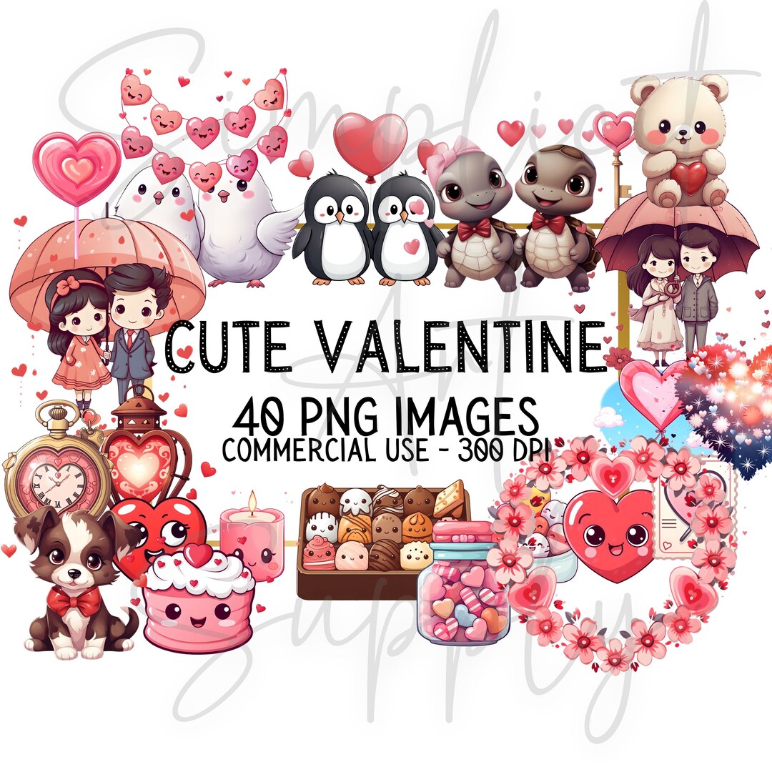 40 Kawaii Valentine Clipart - Hearts and Love Clip Art Bundle PNG ...