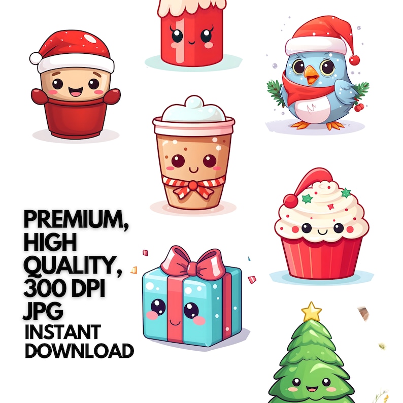 Cute Kawaii Christmas Clipart Bundle - 35 Jpgs of Coffee, Snowmen ...