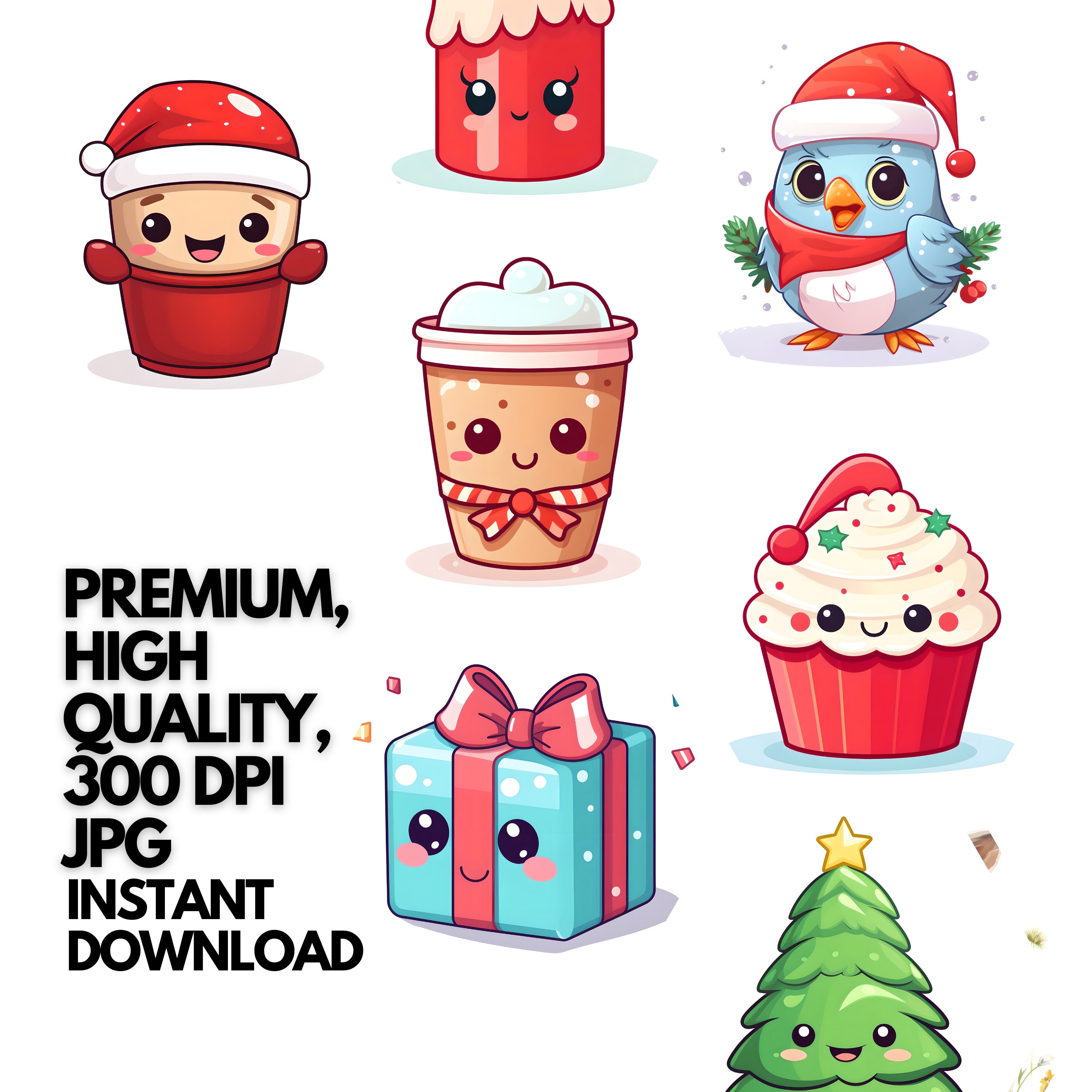 Cute Kawaii Christmas Clipart Bundle - 35 Jpgs of Coffee, Snowmen ...