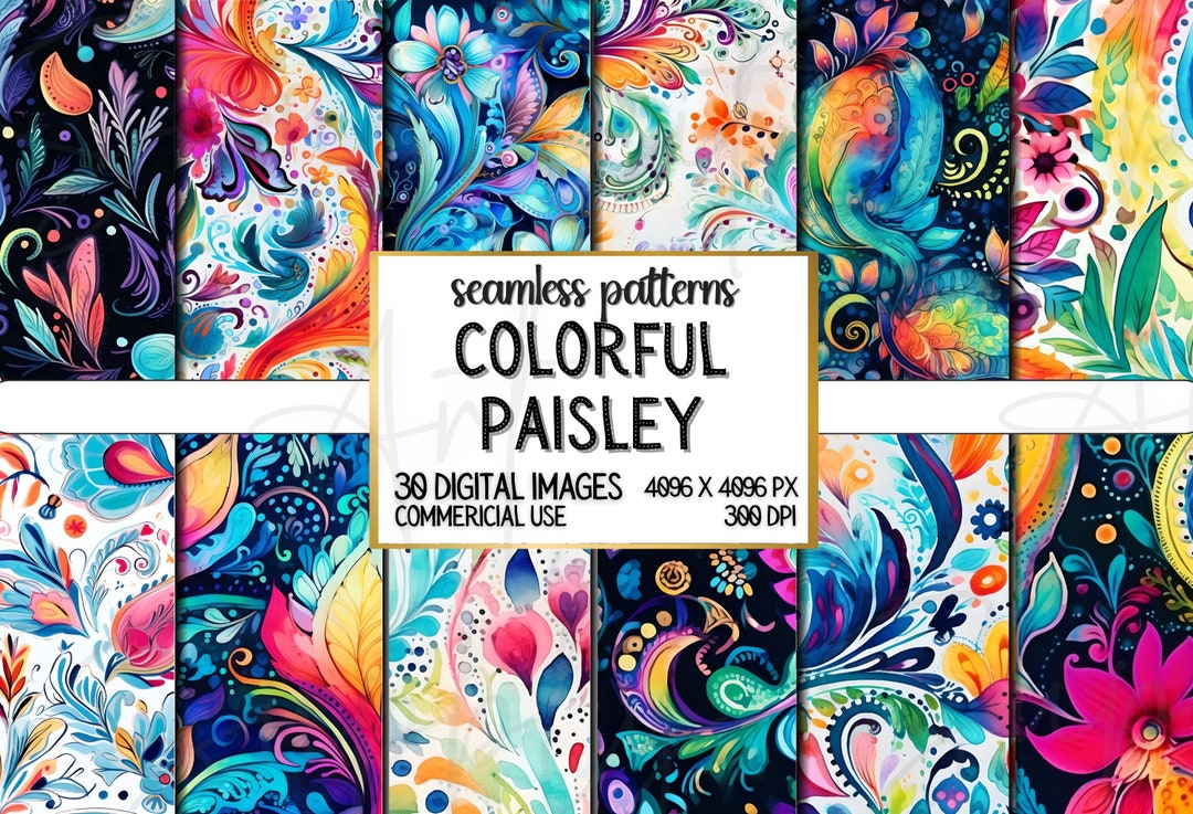 Colorful Paisleys Digital Paper, 30 Seamless Paisley Pattern Bundle ...