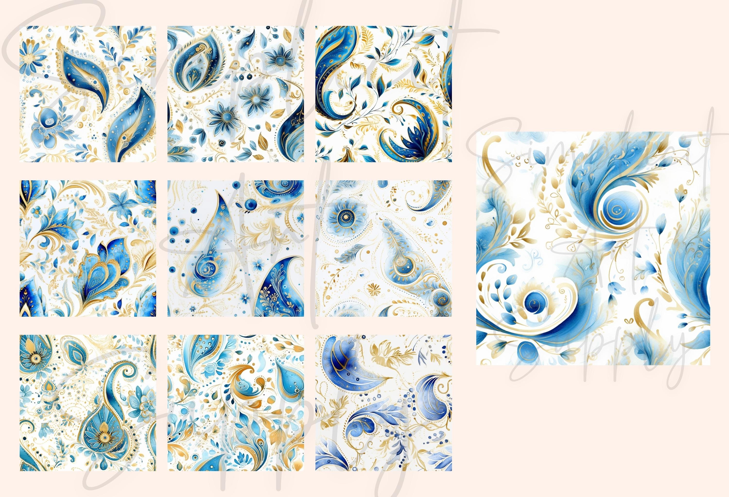 Gold and Blue Paisleys Digital Paper, 20 Seamless Paisley Pattern ...