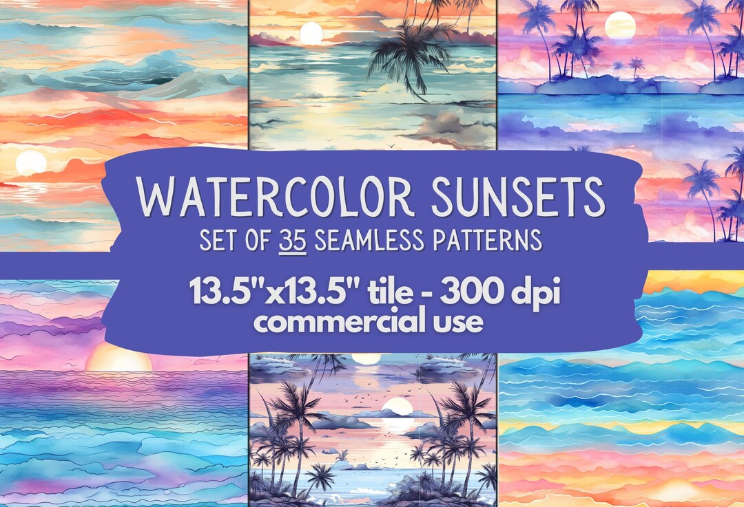 Watercolor Sunset Seamless Pattern, Watercolor Beach Sunset Digital ...