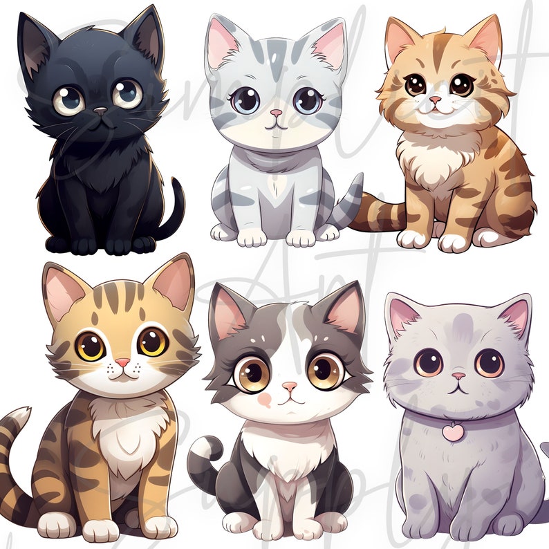 35 Cute Kawaii Cats PNG Clipart Bundle, Card Making Graphics, Kitten ...
