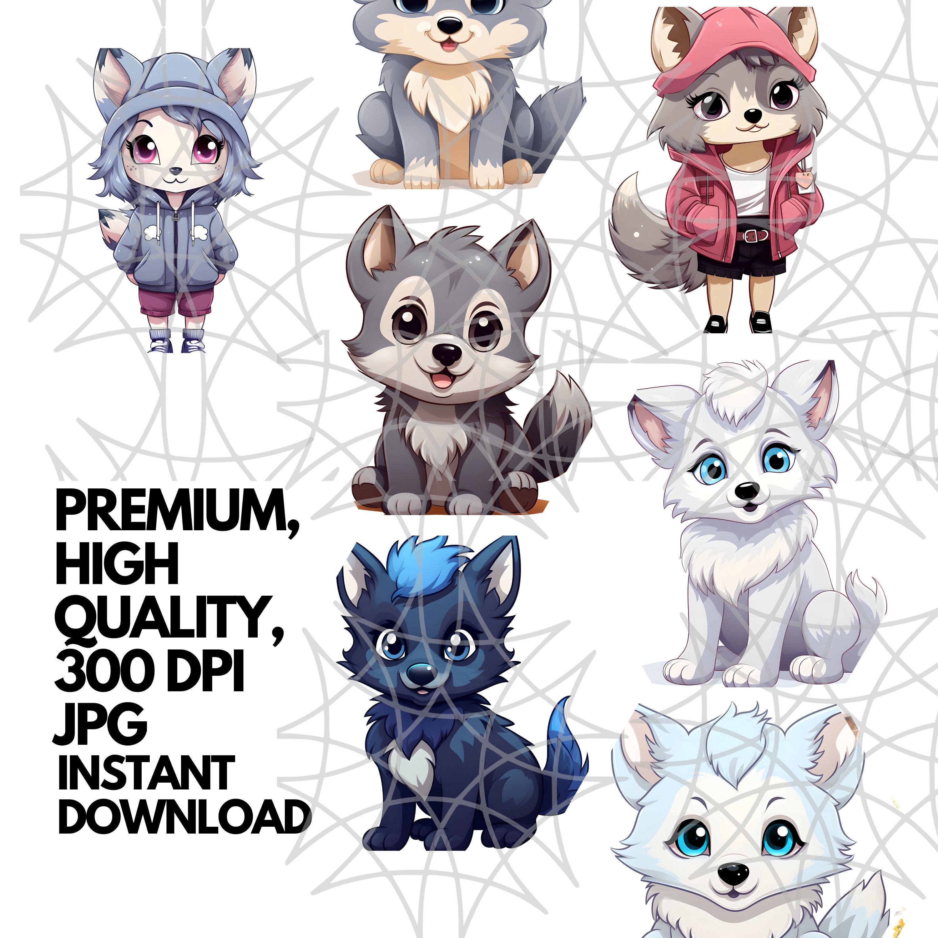 Cute Kawaii Wolf Clipart Bundle - 30 Jpgs of Wolves, Wolf Wall Art ...