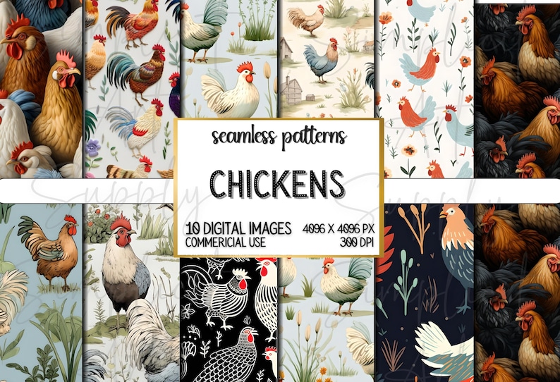 Chicken Digital Paper, 10 Seamless Chicken Texture Pattern Bundle ...