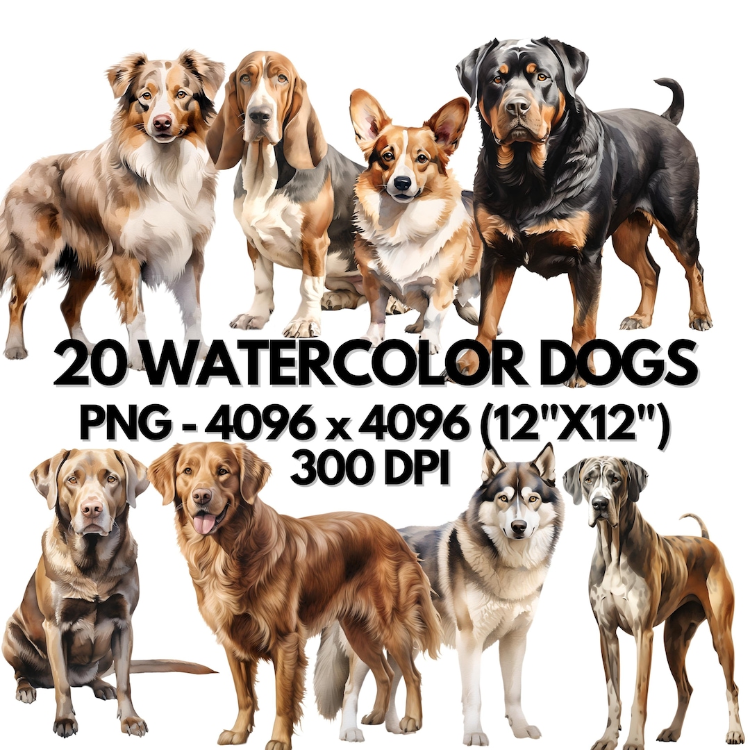 Watercolor Dogs Clipart - 20 Dog Breeds Clipart Bundle, Dog Sublimation ...