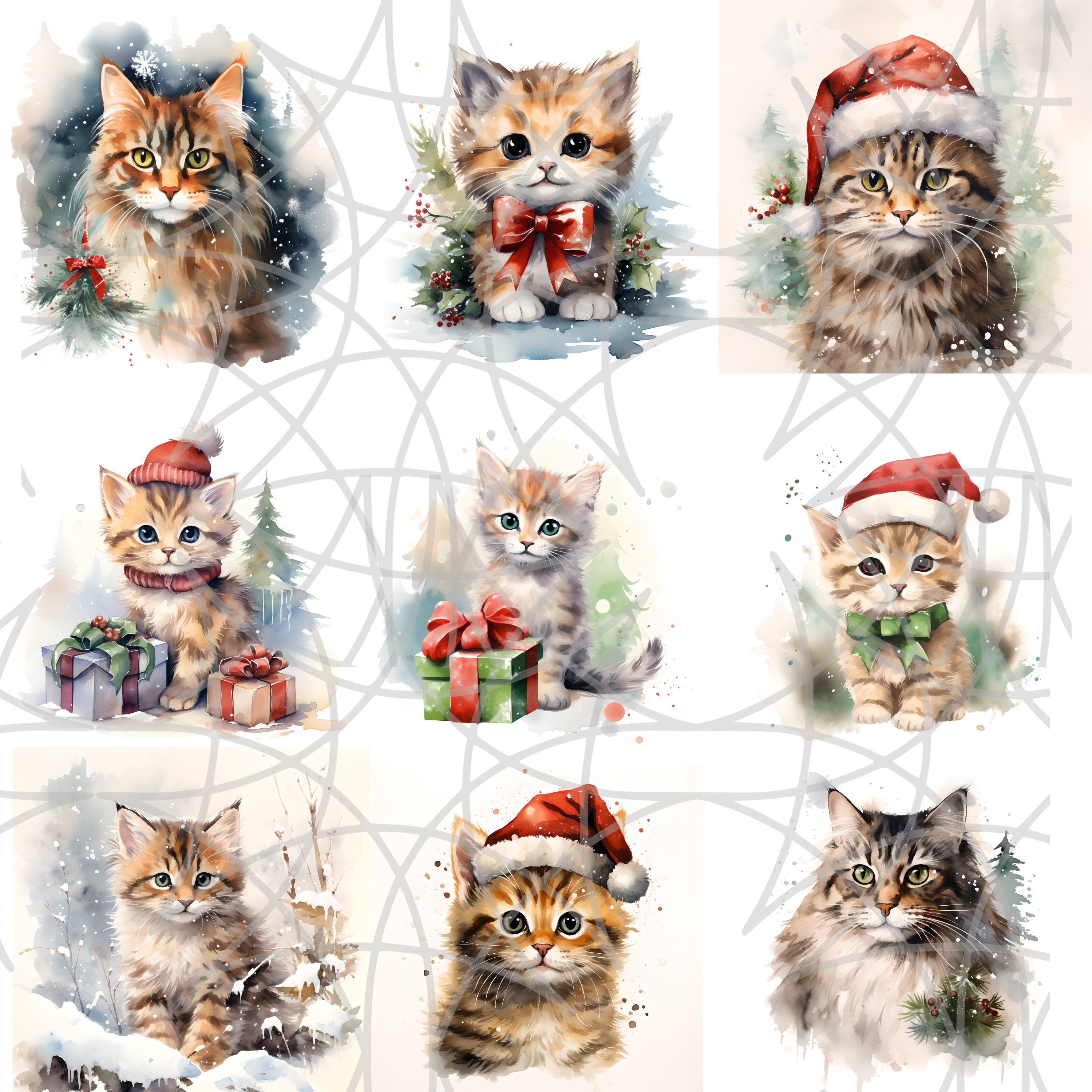 Cute Christmas Kitten Clipart Set 16 PNG Xmas Kittens for Commercial ...