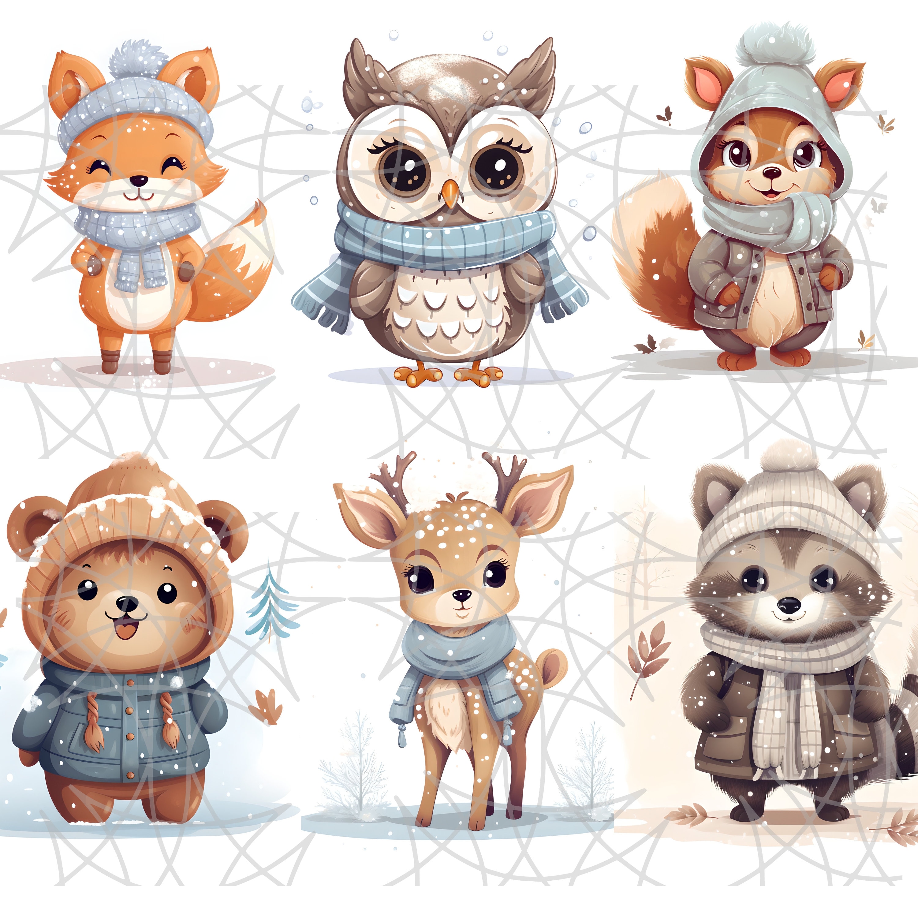 Watercolor Woodland Animals in Winter Clothes Clipart - 20 Cute Winter ...