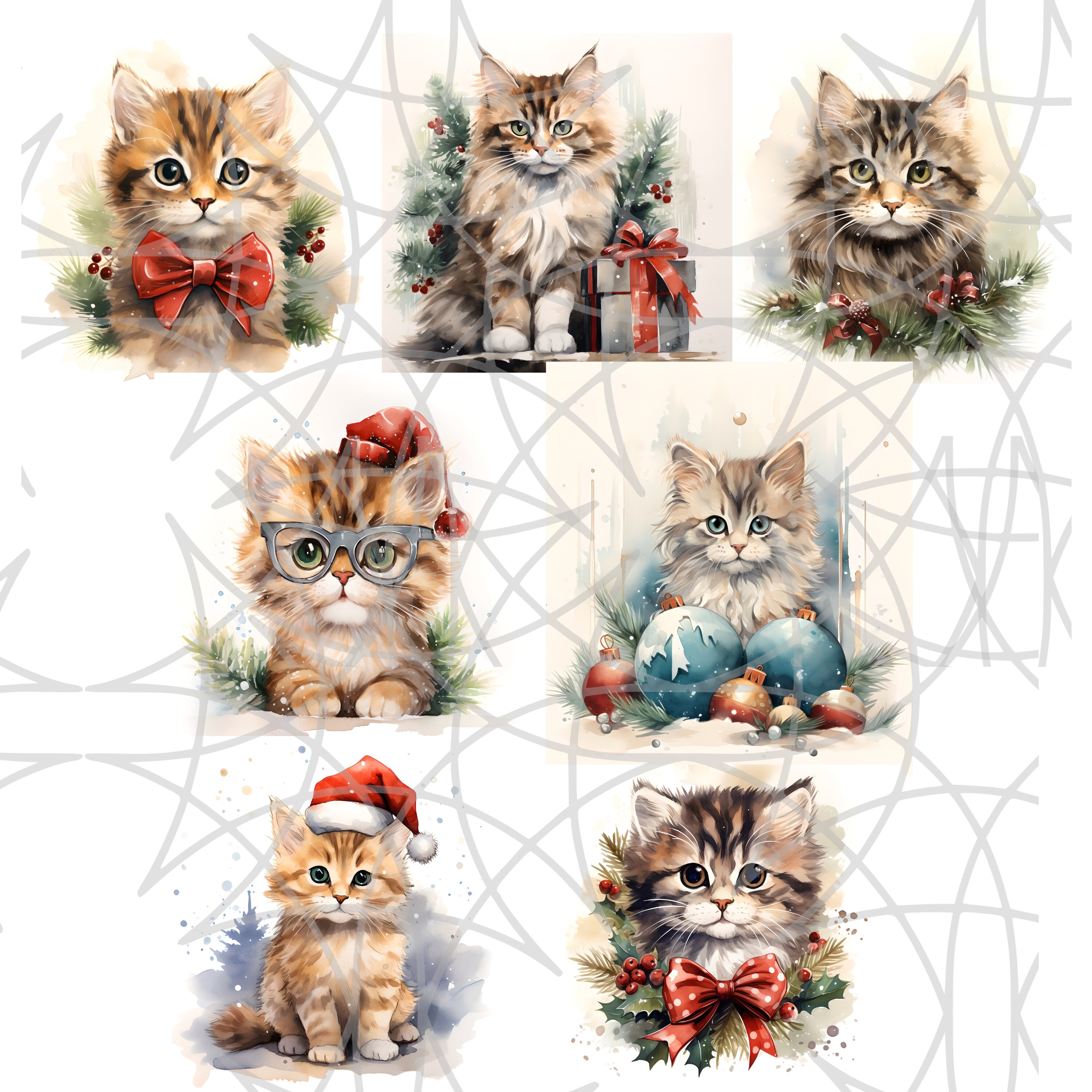 Cute Christmas Kitten Clipart Set 16 PNG Xmas Kittens for Commercial ...