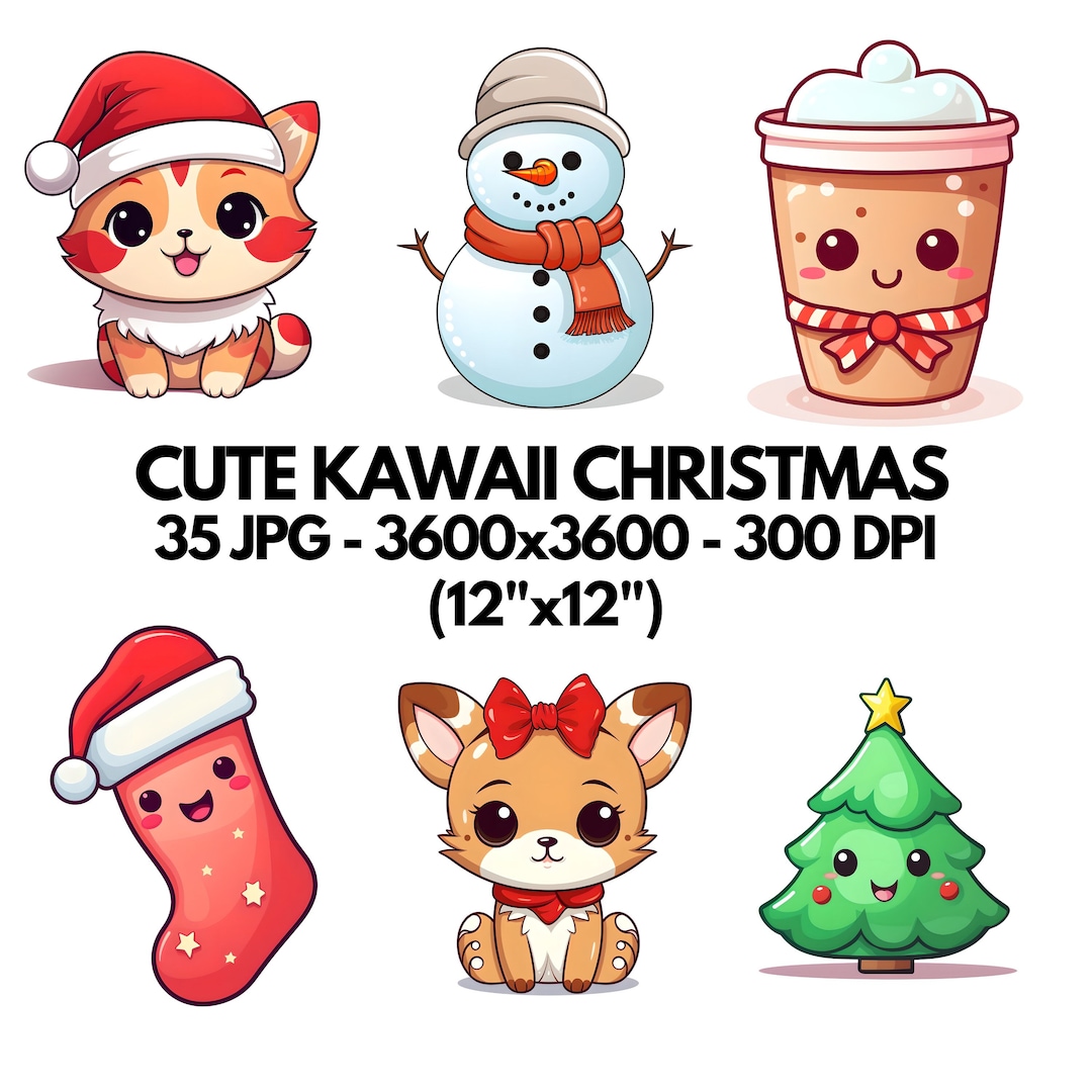 Cute Kawaii Christmas Clipart Bundle - 35 Jpgs of Coffee, Snowmen ...