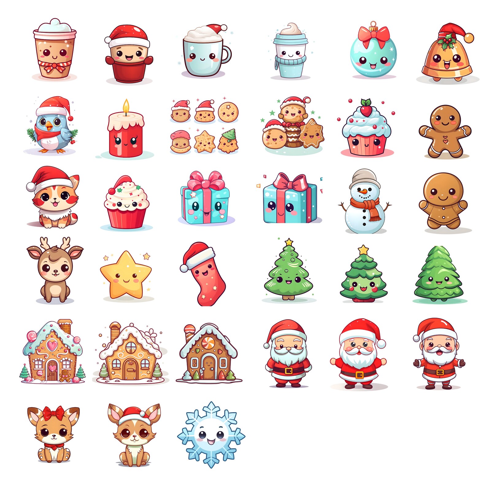 Cute Kawaii Christmas Clipart Bundle - 35 Jpgs of Coffee, Snowmen ...