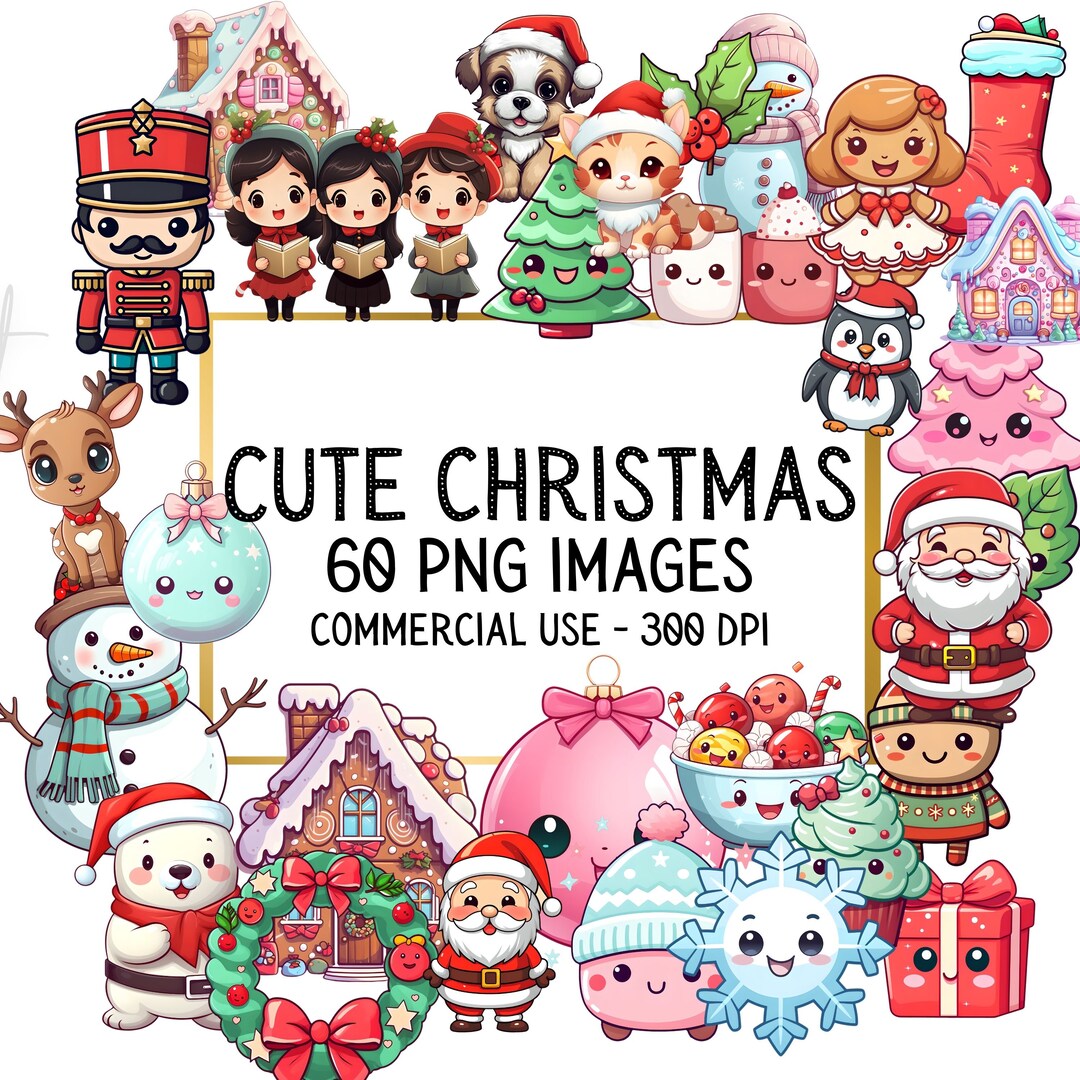 60 Kawaii Christmas Clipart - Winter Clip Art Bundle PNG, Santa Claus ...